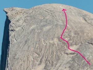Two tiny climbers on the Snake Dike Route on Half Dome, just above the ...